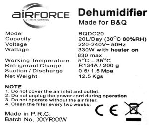B&Q Airforce 20 Litres / Day Dehumidifier - CCPC Consumers